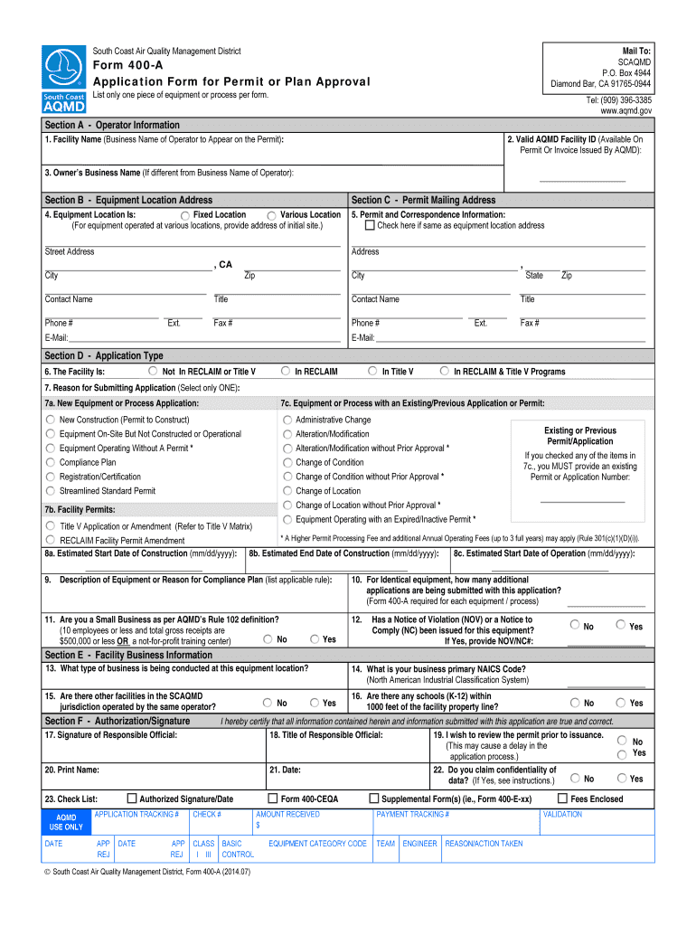 Fillable Online aqmd Box 4944 Diamond Bar, CA 917650944 Form 400A ...
