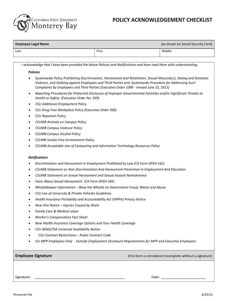Fillable Online POLICY ACKNOWLEDGEMENT CHECKLIST Fax Email Print ...