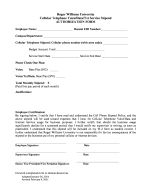 Fillable Online rwu Cellular Telephone Stipend Policy and Authorization ...