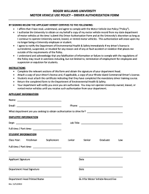 Fillable Online rwu Driver authorization form - Roger Williams ...