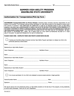 Fillable Online gram Transportation Authorization Form - Grambling ...