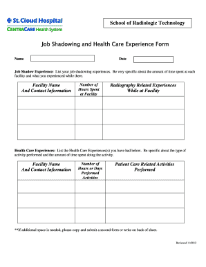 Fillable Online Job Shadowing and Health Care Experience Form ...
