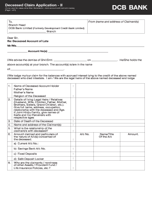 Fillable Online Deceased Claim Application - II - DCB Bank Fax Email ...