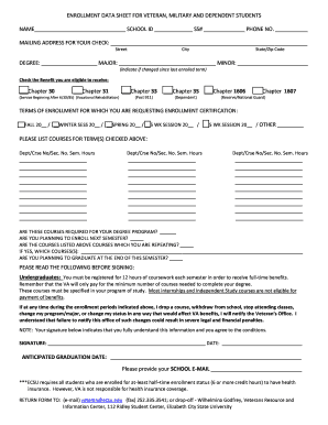 Fillable Online ecsu Enrollment Data Sheet for Veteran, Military and Dependent Students Fax ...