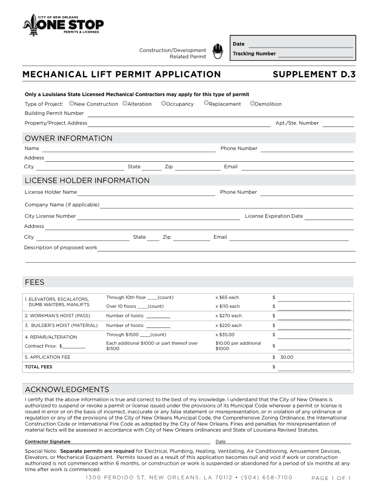 Fillable Online nola Elevator/Lift Permit Applications - City of New ...