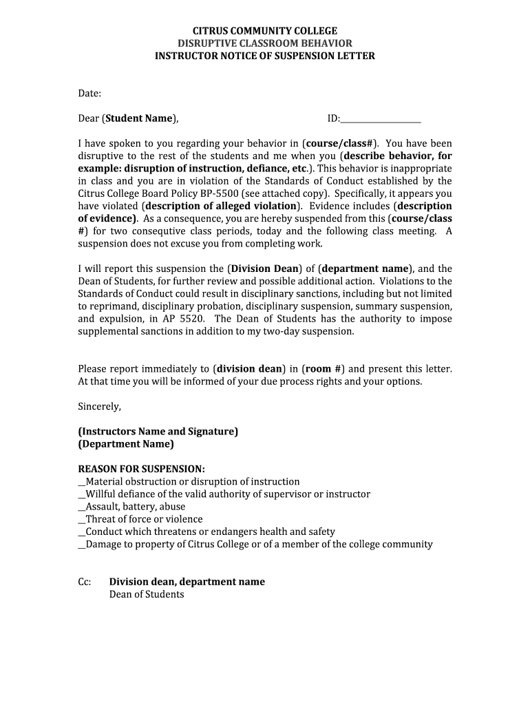 Fillable Online DISRUPTIVE CLASSROOM BEHAVIOR Fax Email Print - pdfFiller