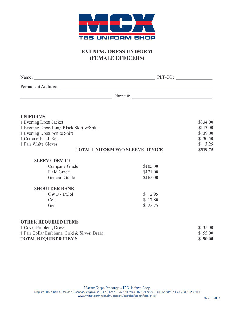 Fillable Online quantico usmc-mccs TBS UNIFORM SHOP EVENING DRESS ...