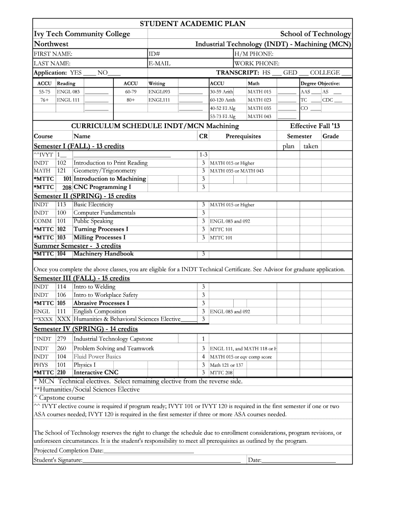 Fillable Online ivytech STUDENT ACADEMIC PLAN School of Technology Ivy ...