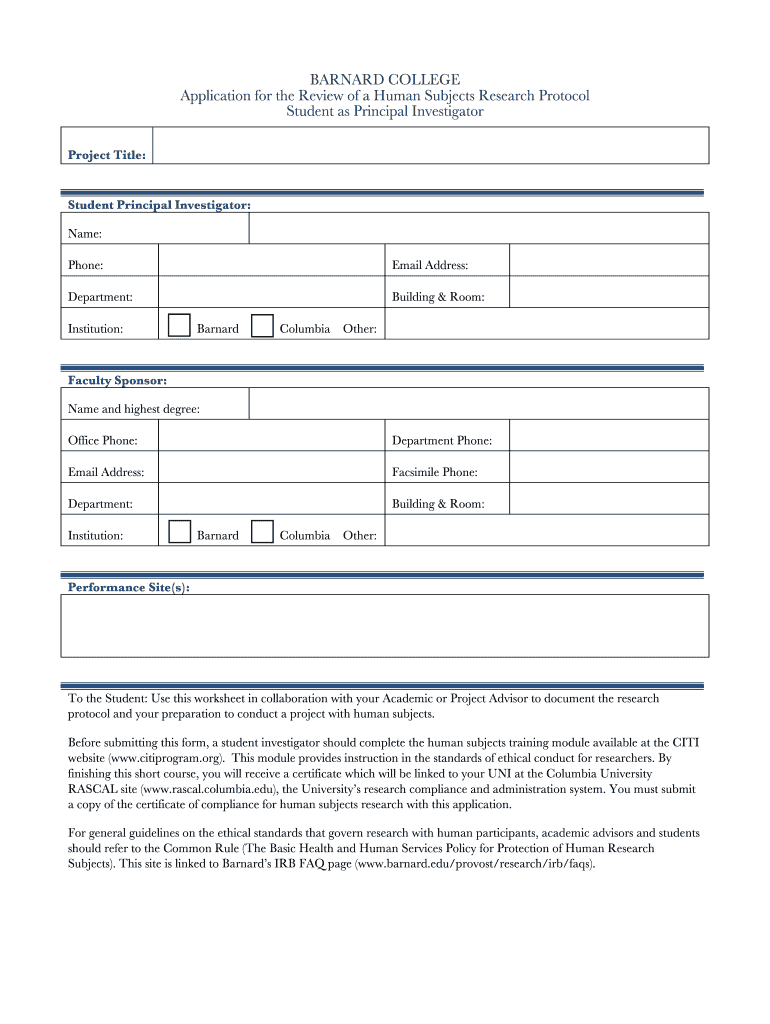 Fillable Online barnard Application for the Review of a Human Subjects ...