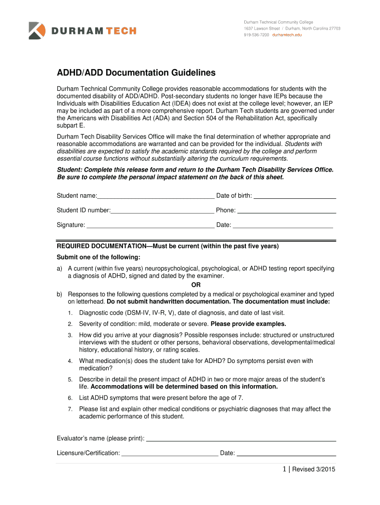 Fillable Online durhamtech ADHDADD Documentation Guidelines - Durham Technical Fax Email Print ...