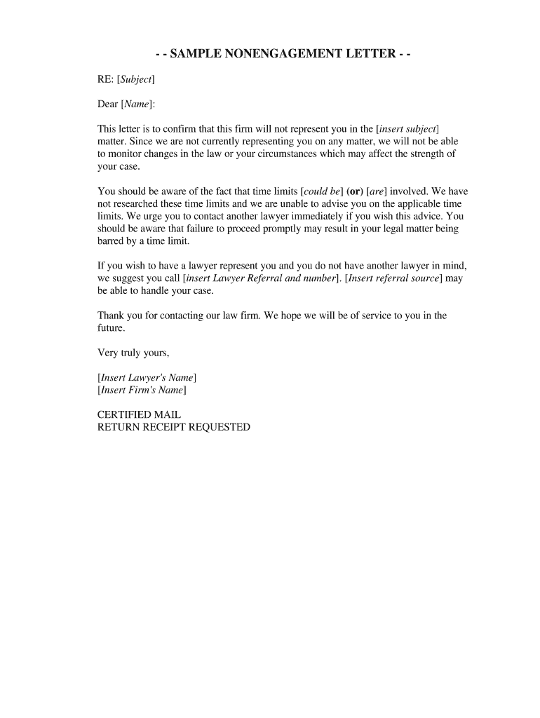 Fillable Online - - SAMPLE NONENGAGEMENT LETTER - RE: Subject Fax Email ...