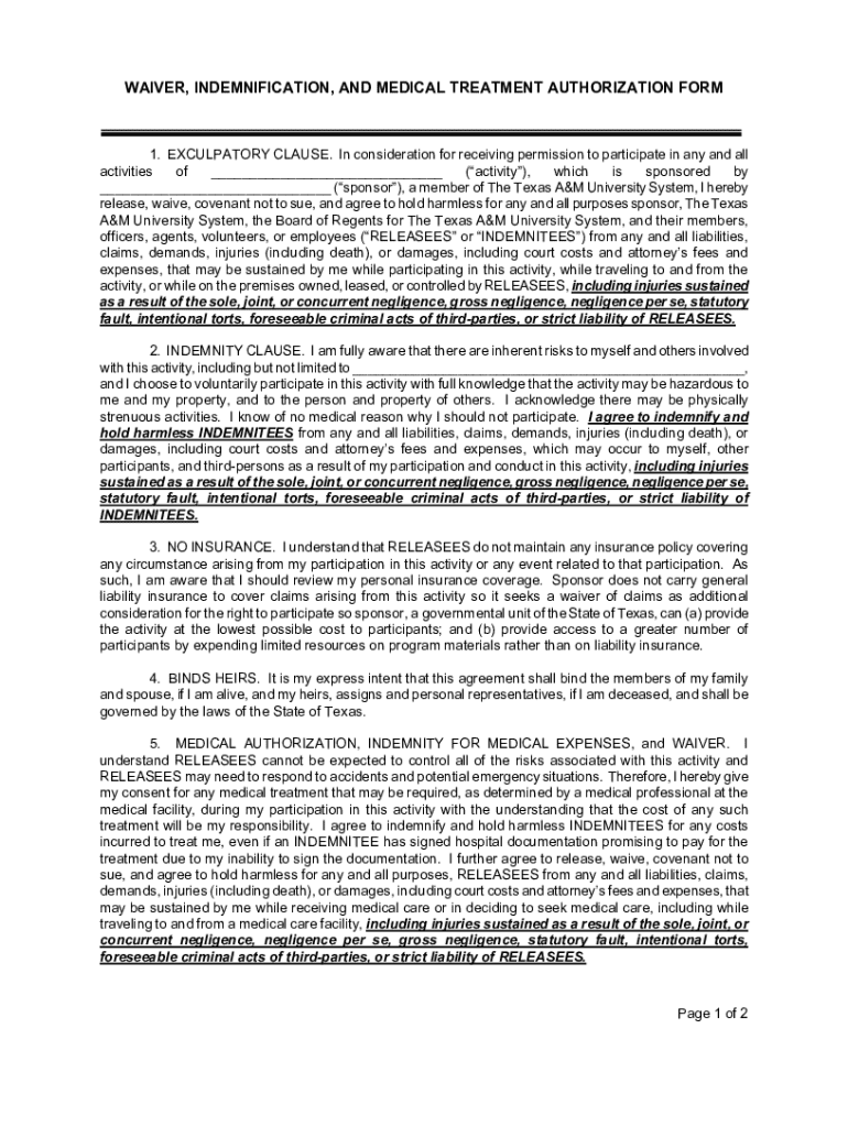 Fillable Online Waiver, Indemnification, and Medical Treatment ...