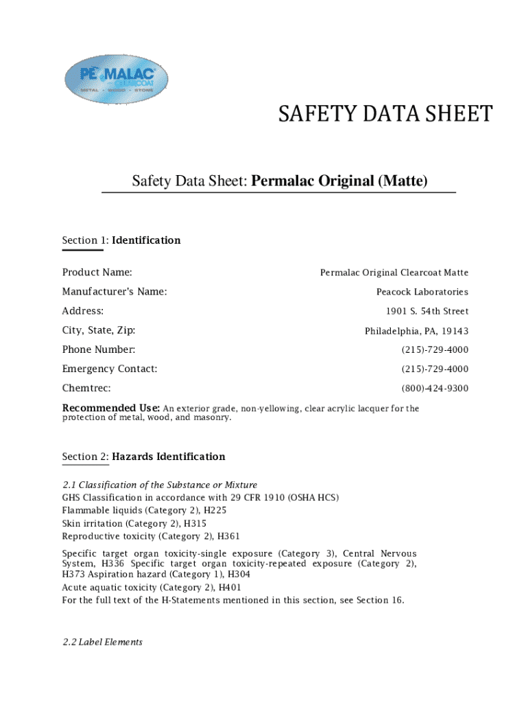 Fillable Online Safety Data Sheet: Permalac Original (matte) Fax Email ...
