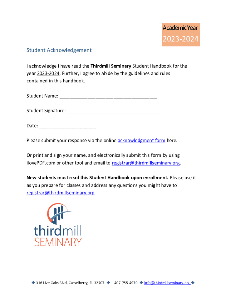 Fillable Online Thirdmill Seminary Student Handbook Acknowledgement Fax ...