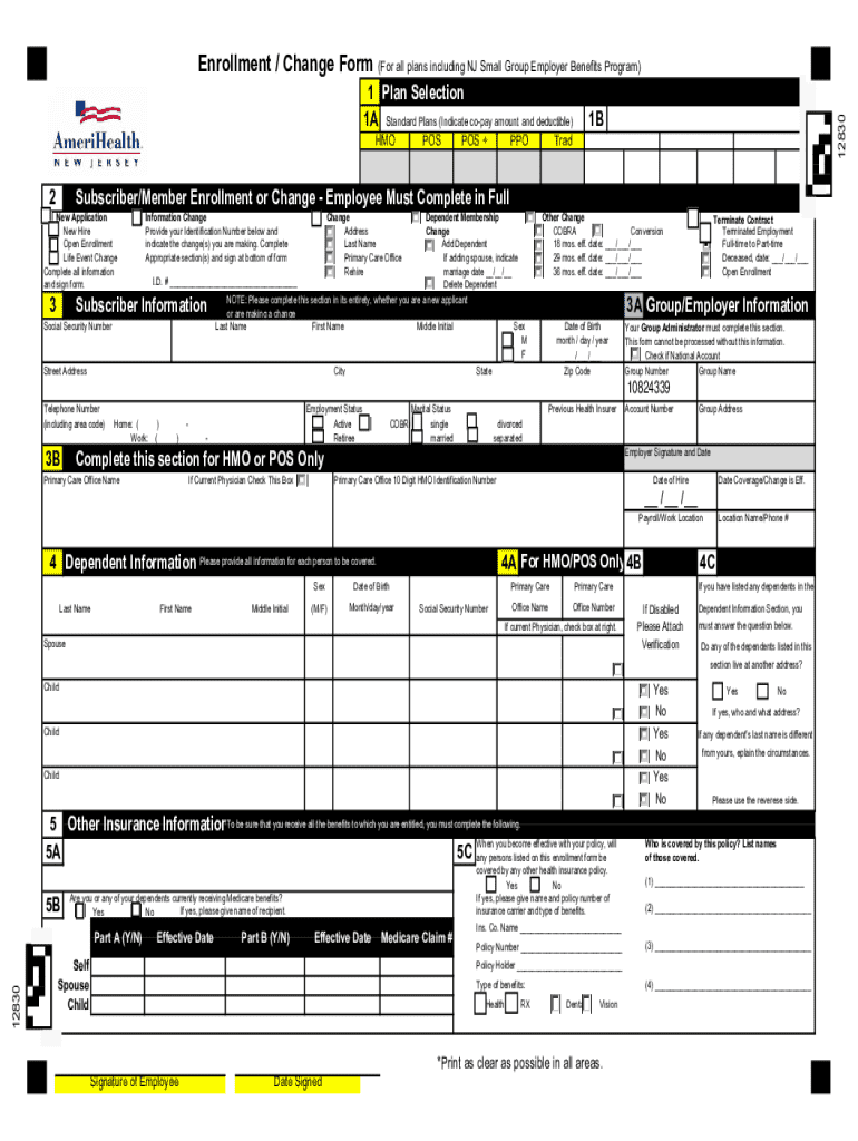 Fillable Online Enrollment / Change Form for Nj Small Group Employer Benefits Program Fax Email ...