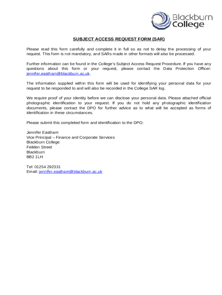 Subject Access Request - blackburn ac Doc Template | pdfFiller