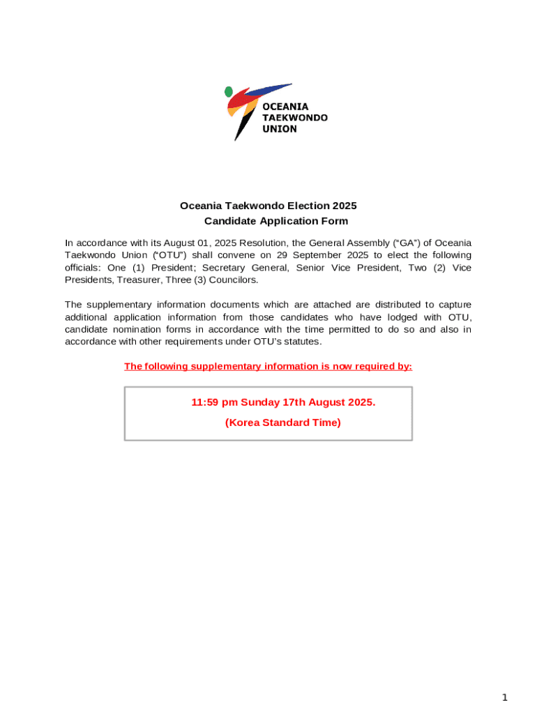 Oceania Taekwondo Election 2025 Candidate Application Doc Template | pdfFiller