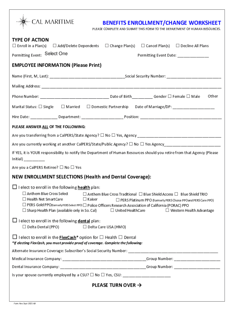 Fillable Online Benefits Enrollment/change Worksheet Fax Email Print ...