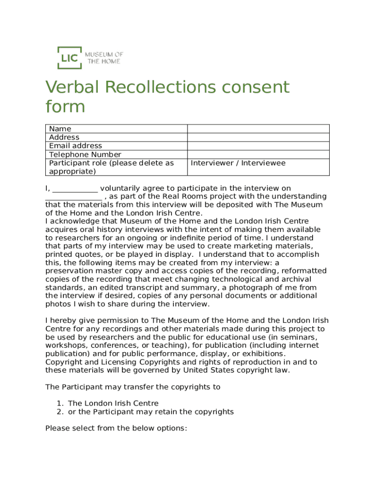 Verbal Recollections Consent Doc Template | pdfFiller