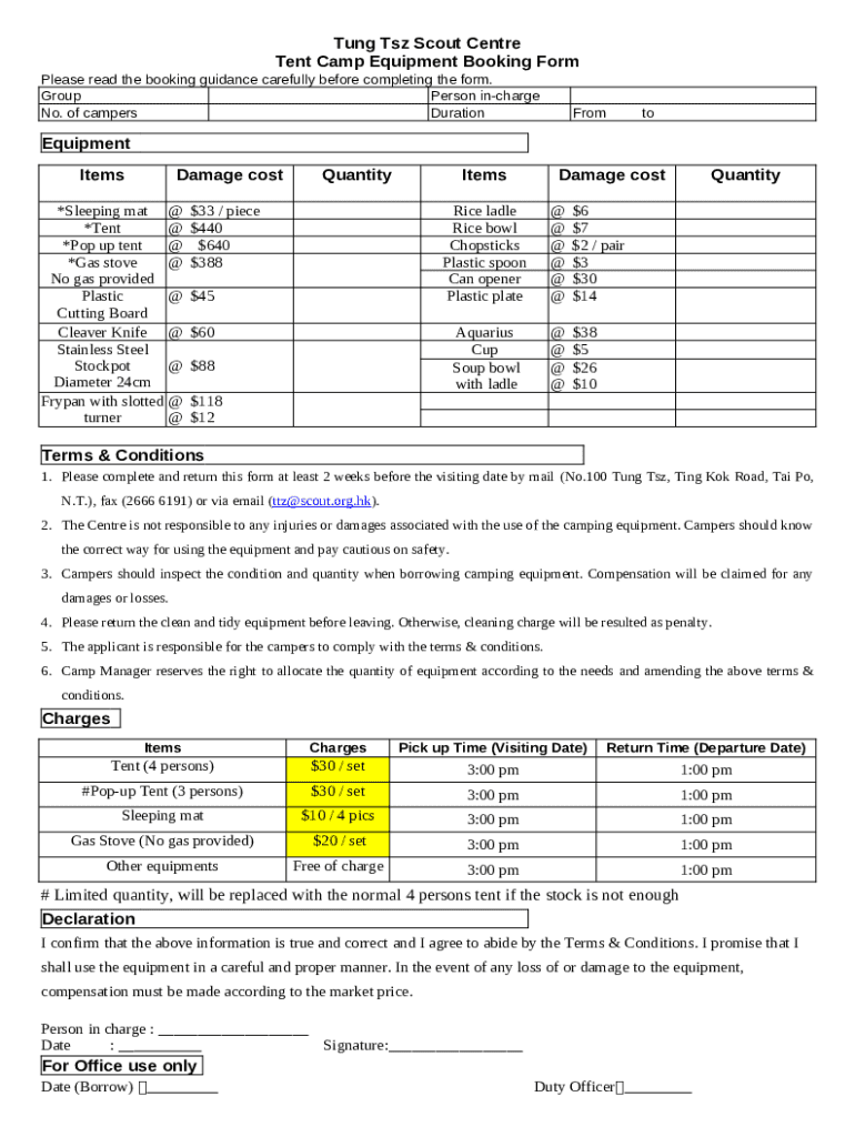 Tung Tsz Scout Centre Tent Camp Equipment Booking Doc Template | pdfFiller