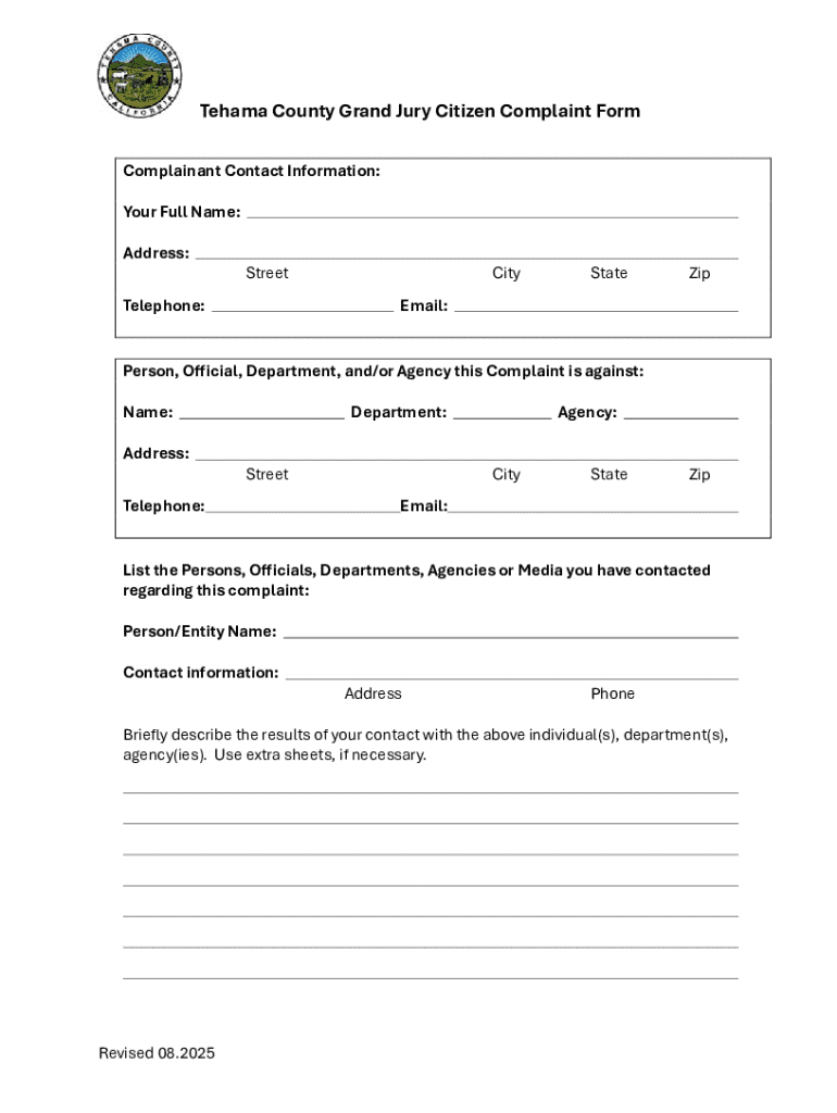 Fillable Online Tehama County Grand Jury Citizen Complaint Form Fax ...