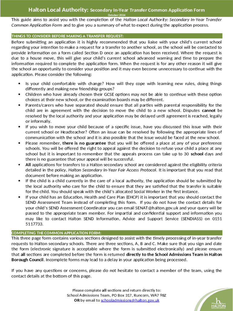 Halton Local Authority: Secondary in-year Transfer Common Application ...