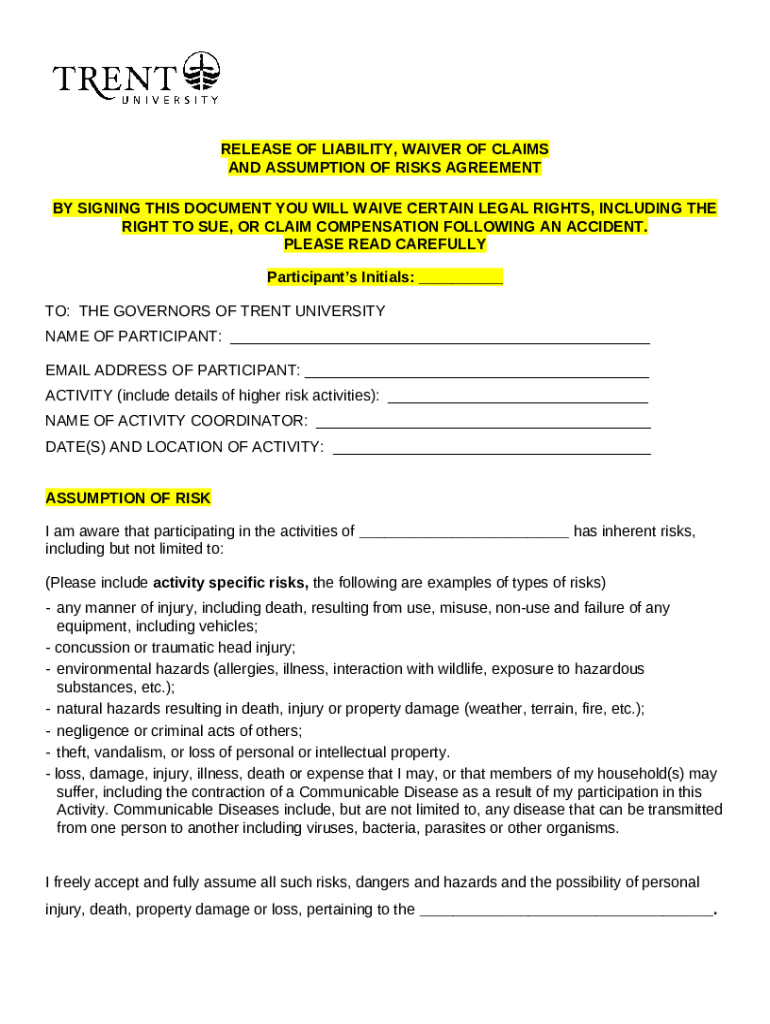 Release of Liability, Waiver of Claims and Assumption of Risks Agreement Doc Template | pdfFiller