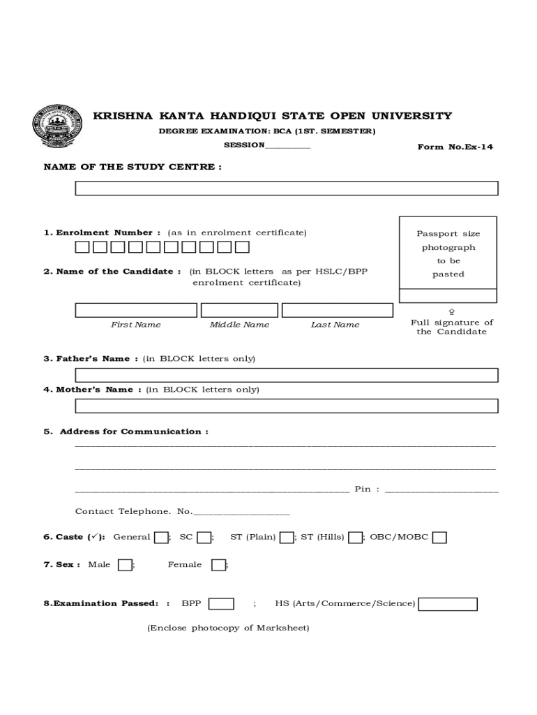 Fillable Online Degree Examination Application for Bca 1st Semester Fax ...