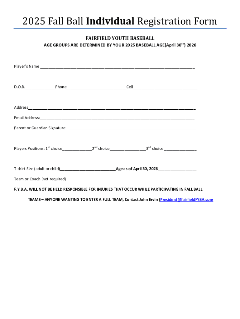 Fillable Online Fairfield Youth Baseball Fall Ball Registration Fax Email Print - pdfFiller