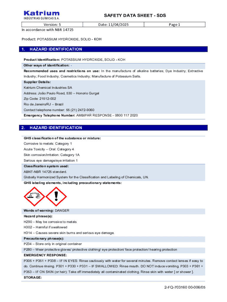Fillable Online Safety Data Sheet of Potassium Hydroxide, Solid - Koh ...