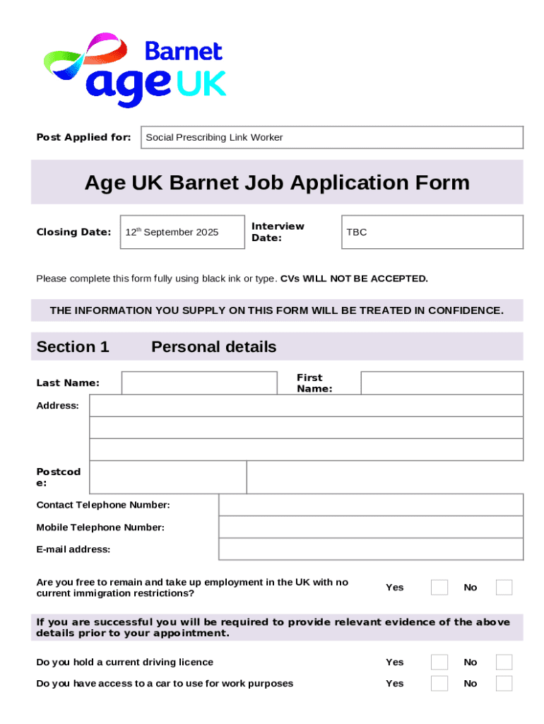 Age Uk Barnet Job Application Doc Template | pdfFiller