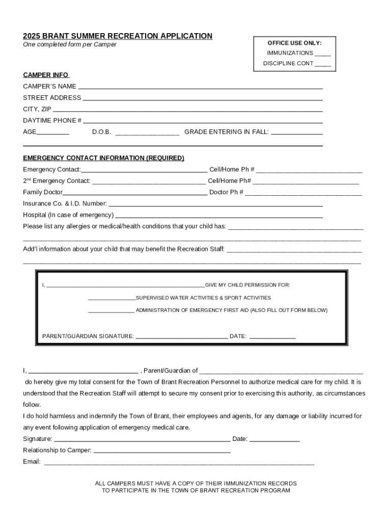 2025 Brant Summer Recreation Application Doc Template | pdfFiller