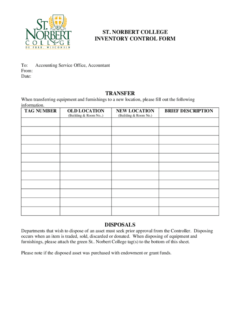 Fillable Online St. Norbert College Inventory Control Form Fax Email ...