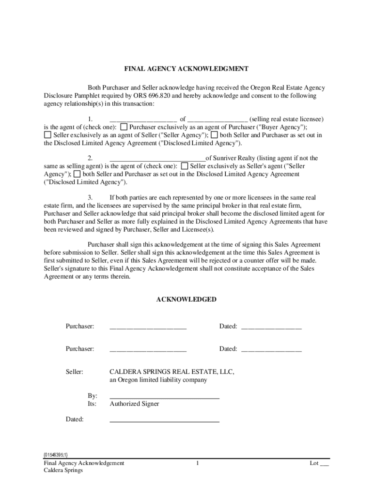 Fillable Online Final Agency Acknowledgment and Purchase and Sale Agreement Fax Email Print ...