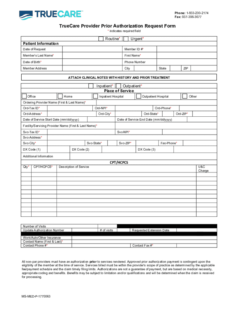 Fillable Online Truecare Provider Prior Authorization Request Fax Email ...