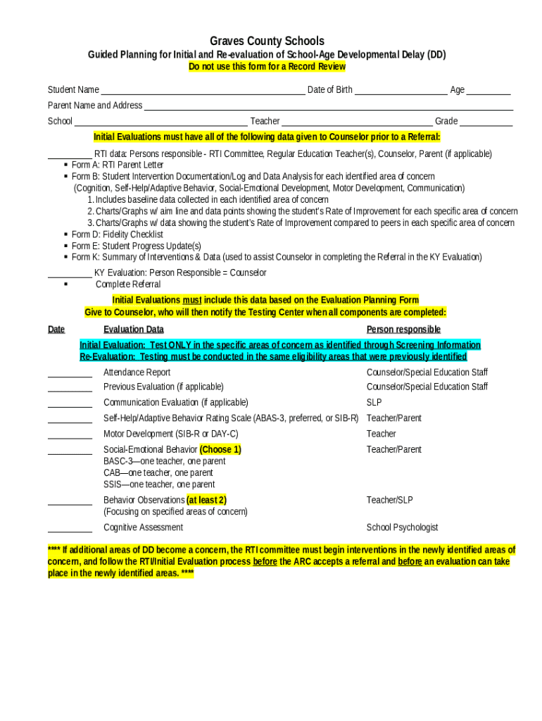 Guided Planning for Initial and Re-evaluation of School-age Developmental Delay (dd) Doc ...