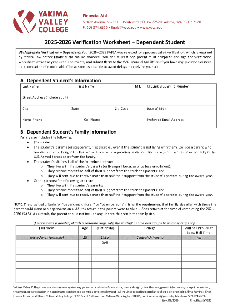 Fillable Online 2025-2026 Verification Worksheet Fax Email Print - pdfFiller