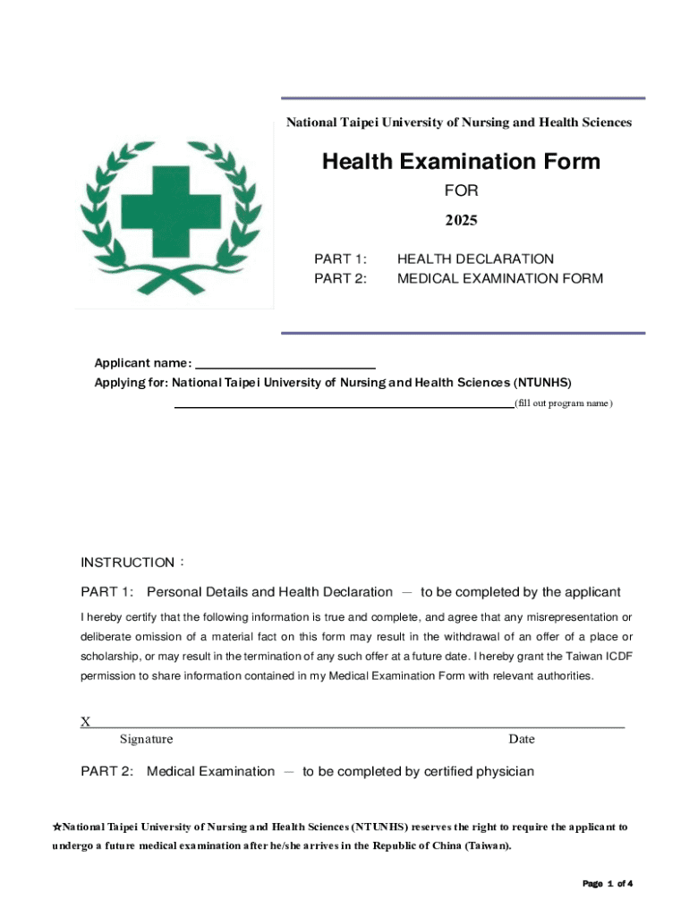 Fillable Online Health Examination Form for National Taipei University ...