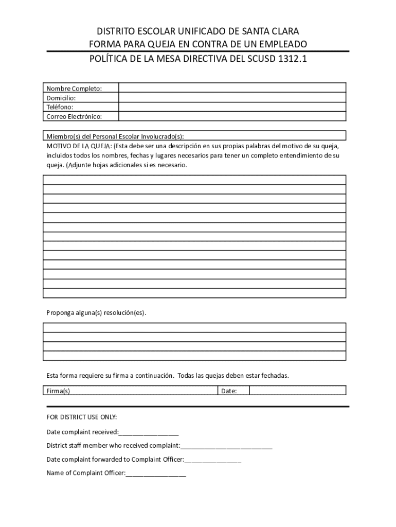 Rellenable en línea Formulario De Queja Scusd Fax Email Imprimir ...