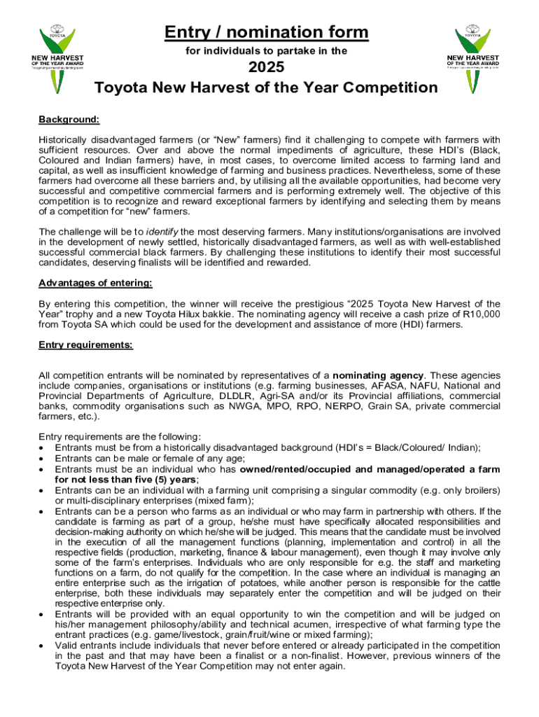 Fillable Online Entry / Nomination Form for the 2025 Toyota New Harvest ...