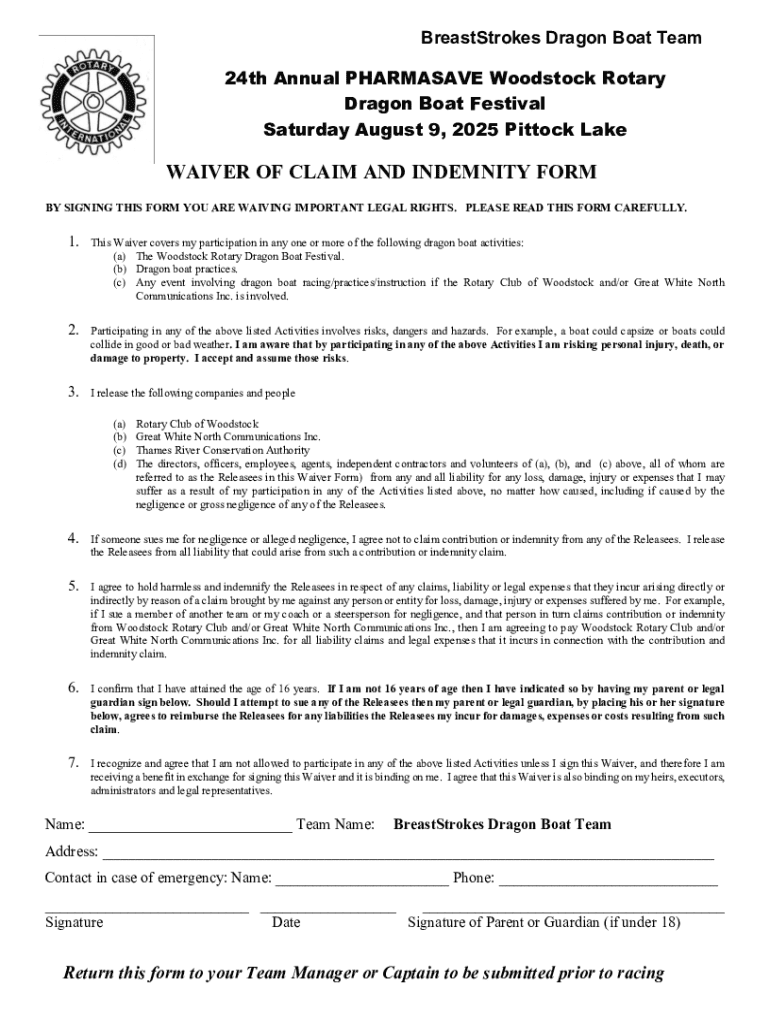 Fillable Online Breaststrokes Dragon Boat Team Waiver Fax Email Print ...