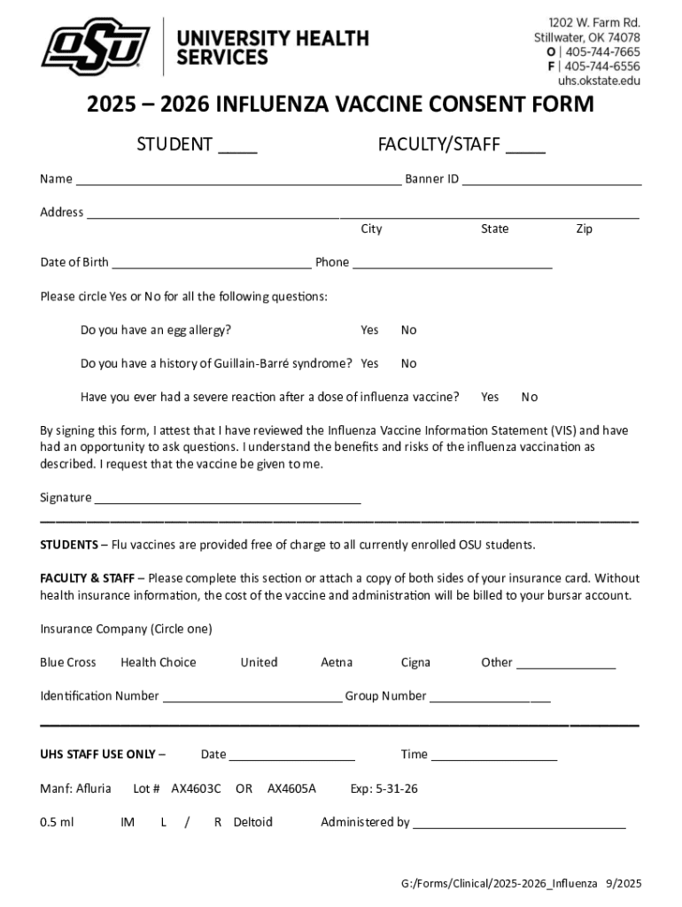 Fillable Online Influenza Vaccine Consent Form Fax Email Print - pdfFiller