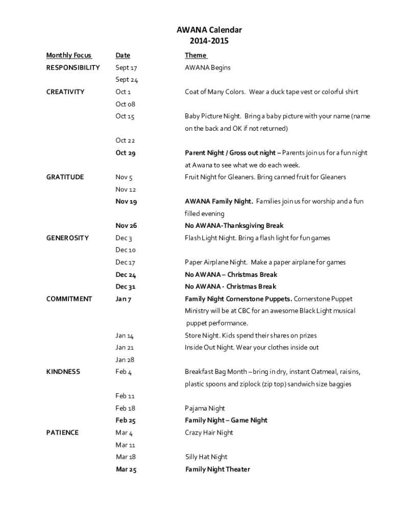 Fillable Online Awana Calendar 2014-2015 Fax Email Print - pdfFiller