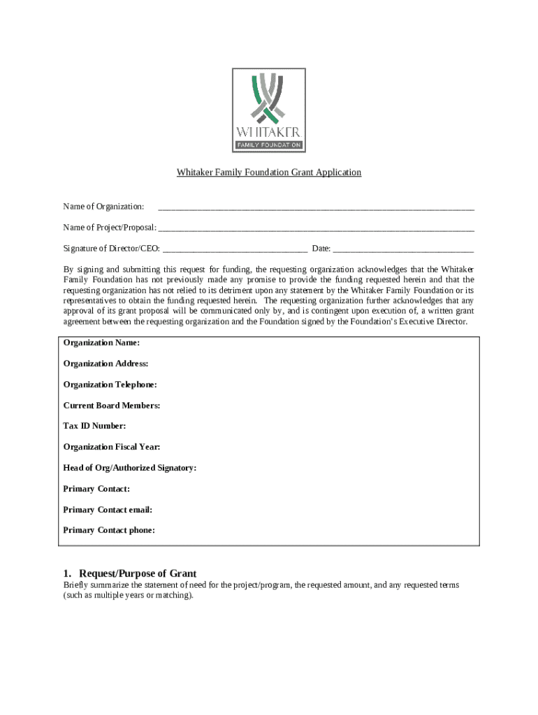 Whitaker Family Foundation Grant Application Doc Template | pdfFiller
