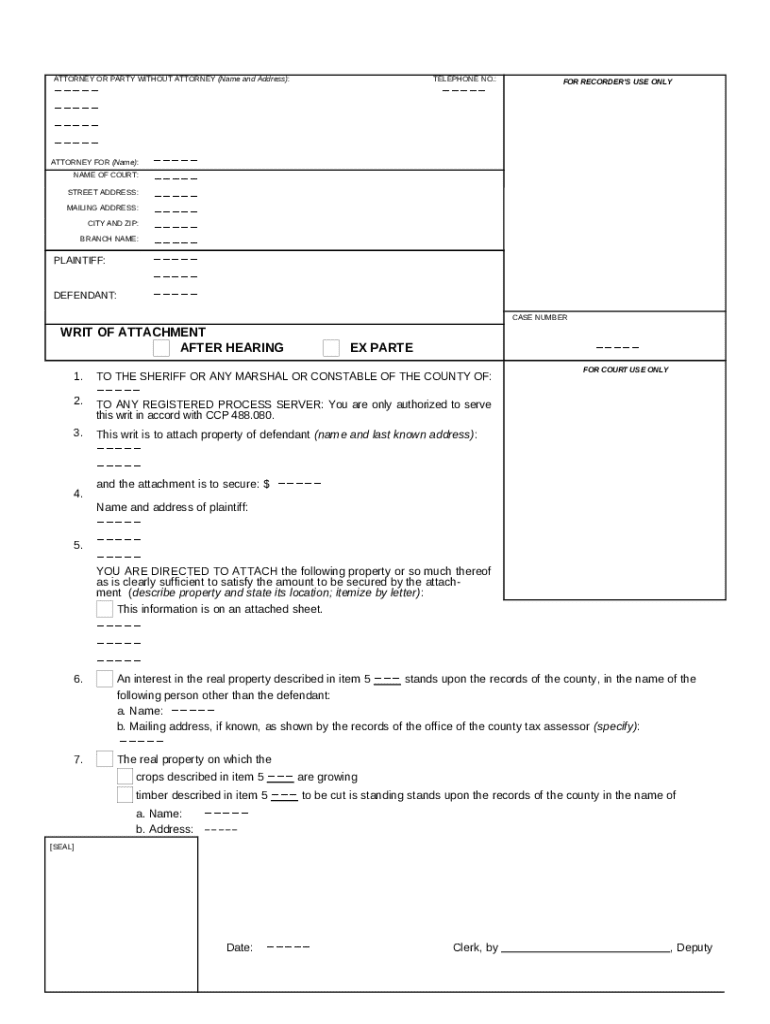 Fillable Online Writ of Attachment After Hearing Fax Email Print ...