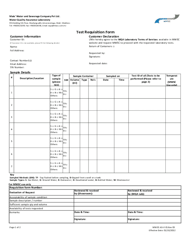 Fillable Online Test Requisition Form for Water Quality Assurance Fax ...