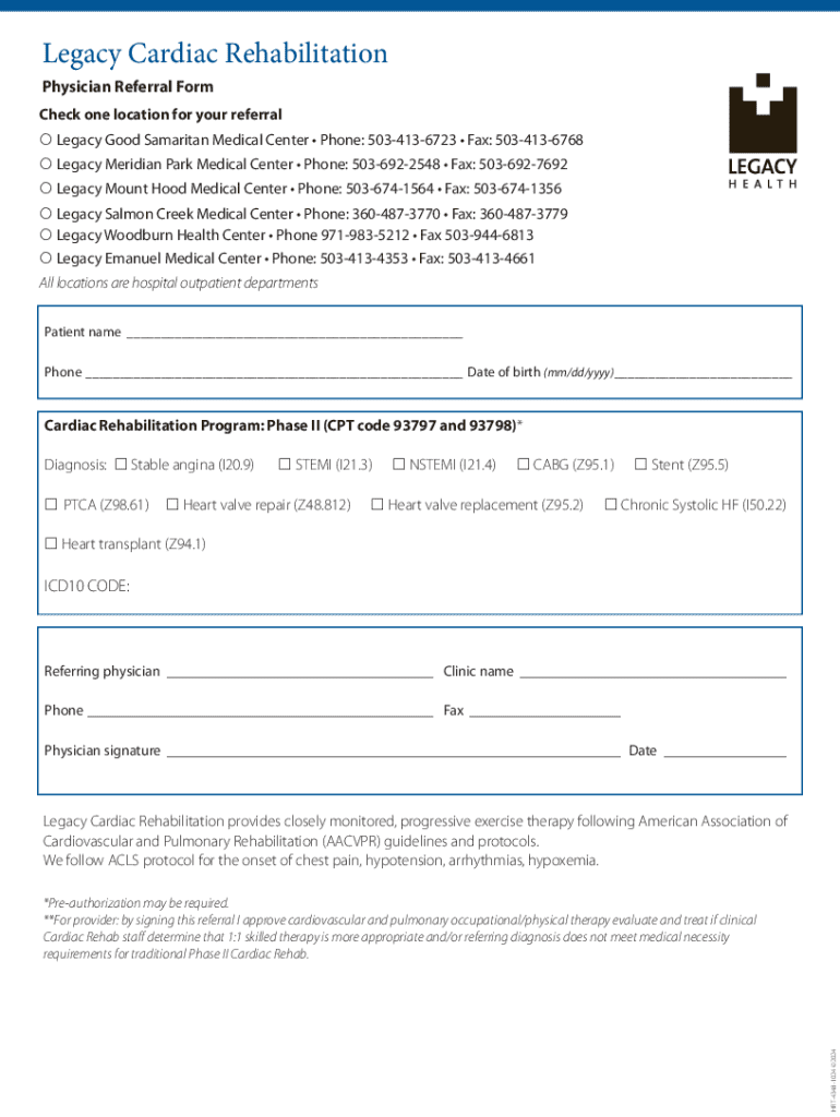 Fillable Online Legacy Cardiac Rehabilitation Physician Referral Form ...