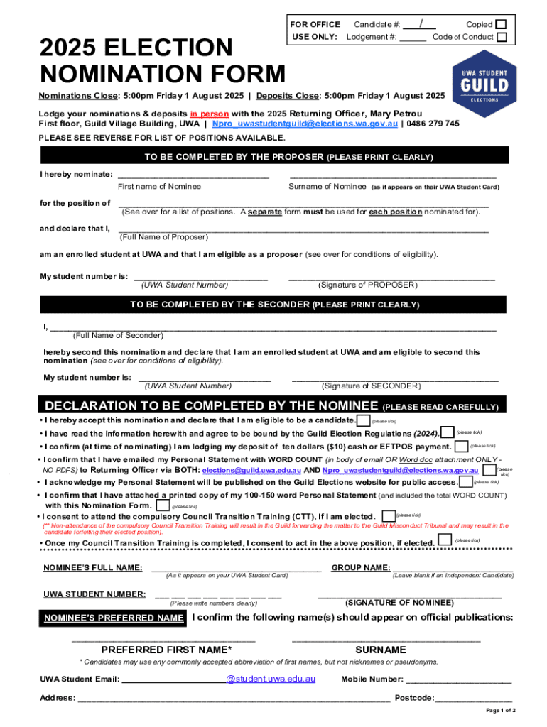 Fillable Online Nomination Form for the 2025 Election Fax Email Print ...