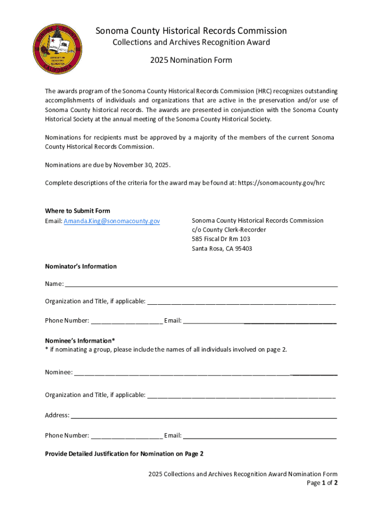 Fillable Online Collections and Archives Recognition Award Fax Email Print - pdfFiller