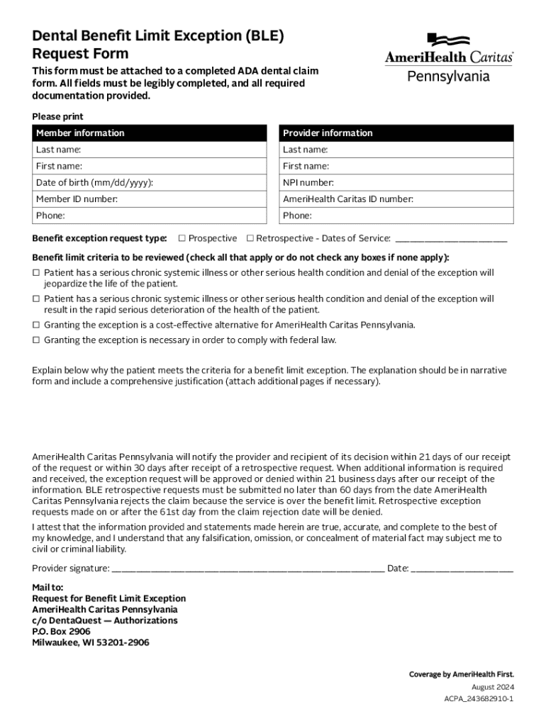 Fillable Online Dental Benefit Limit Exception (ble) Request Form Fax ...